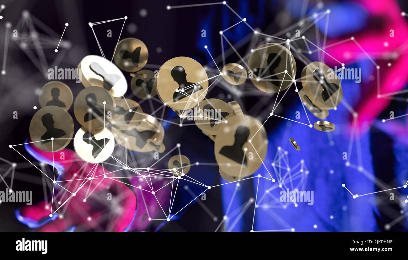 A businessman holding 3D rendered human icons connected with dots for ...