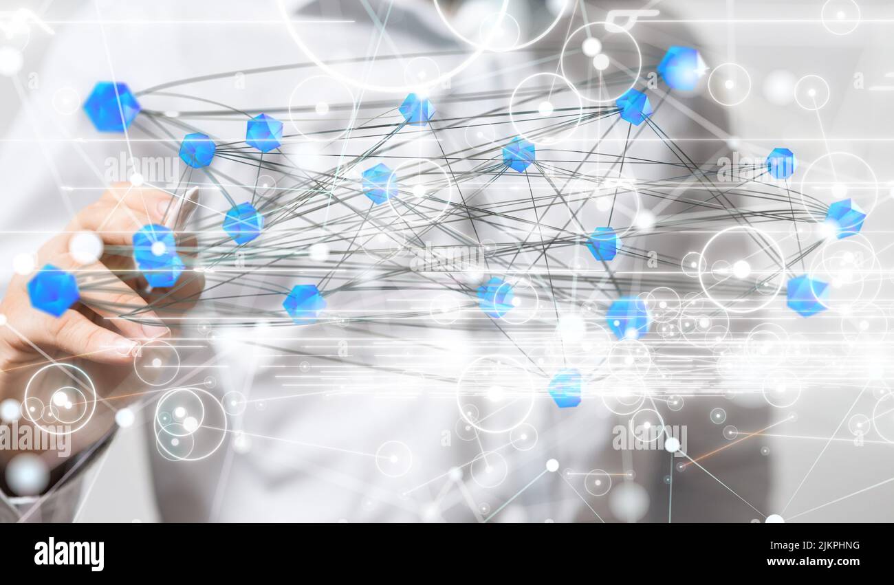 A businessman touching 3D rendered connected dots, a digital network and connection concept ...