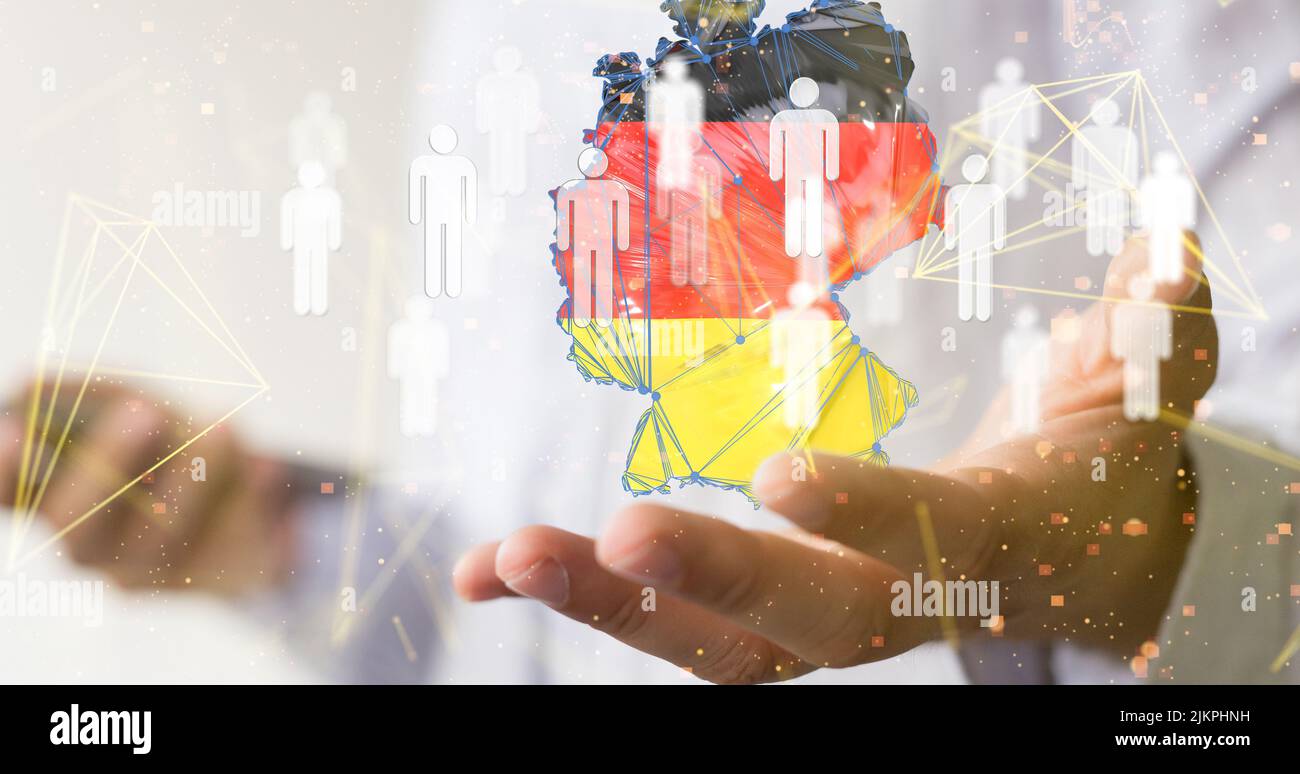 A businessman holding 3D rendered human icons and the German map, a ...