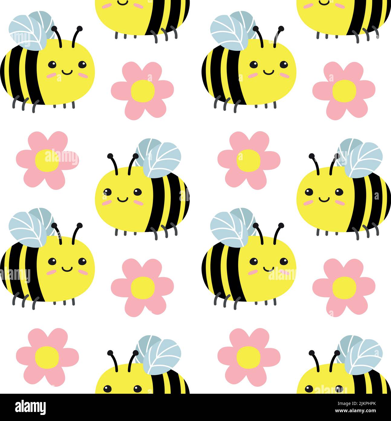 Vector seamless pattern of flat hand drawn bumblebee bee and flower ...