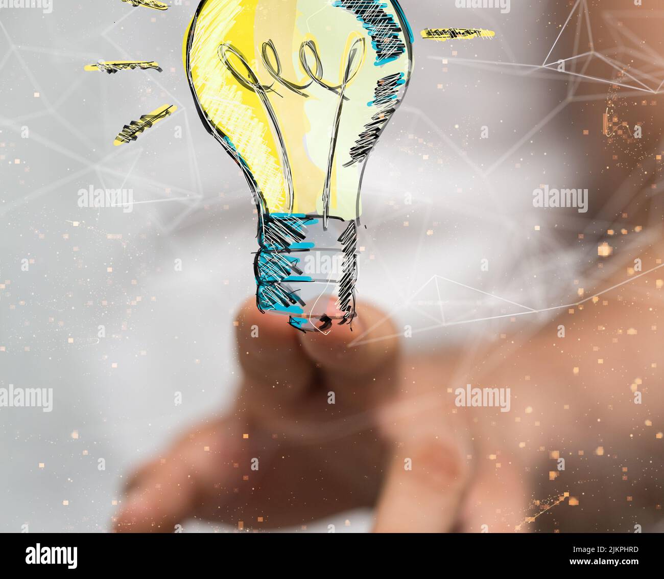 A closeup of a hand touching a 3D rendered lamp idea, creativity and ...