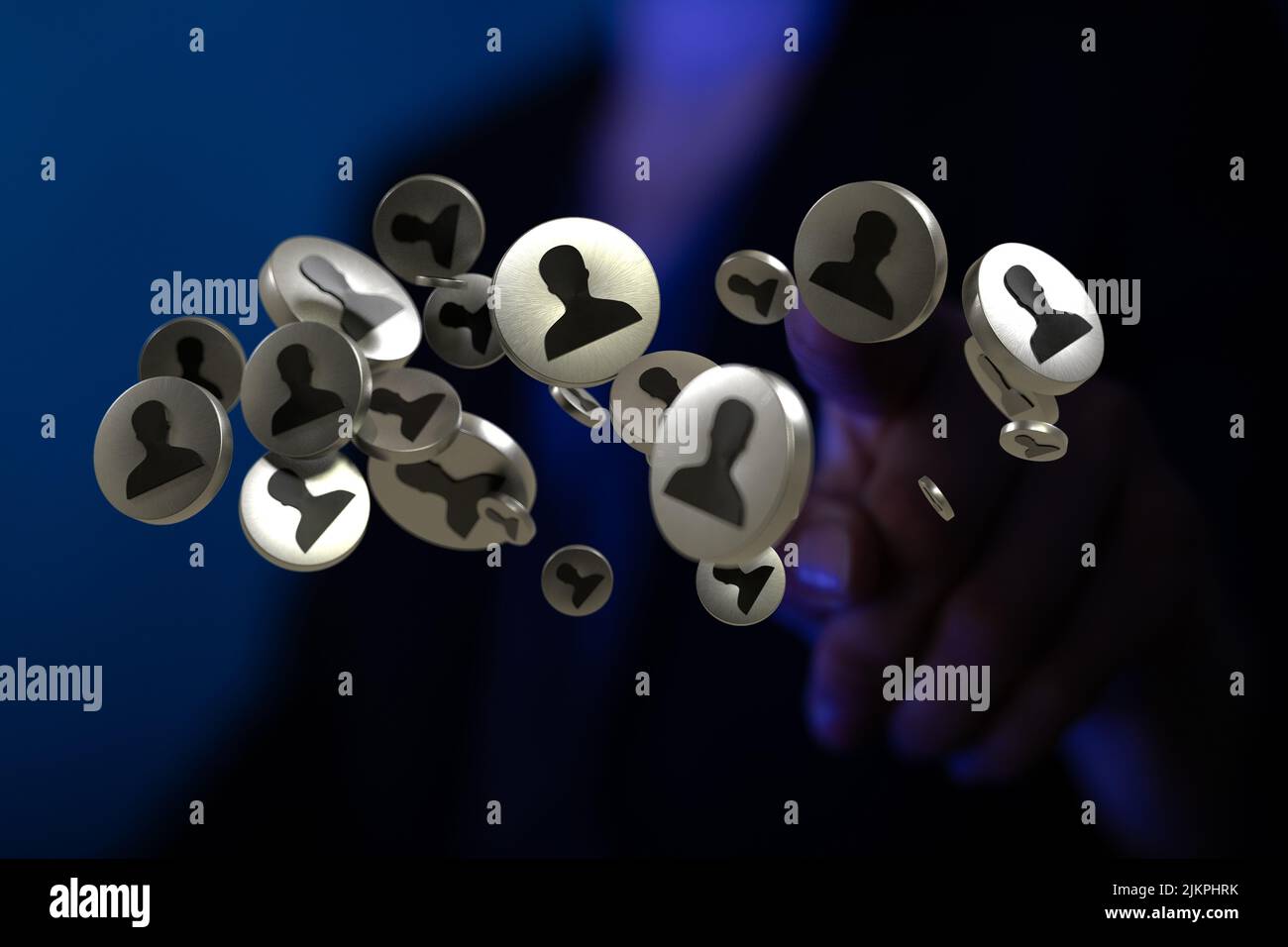 A hand reaching out to 3D rendered metallic person icons Stock Photo ...