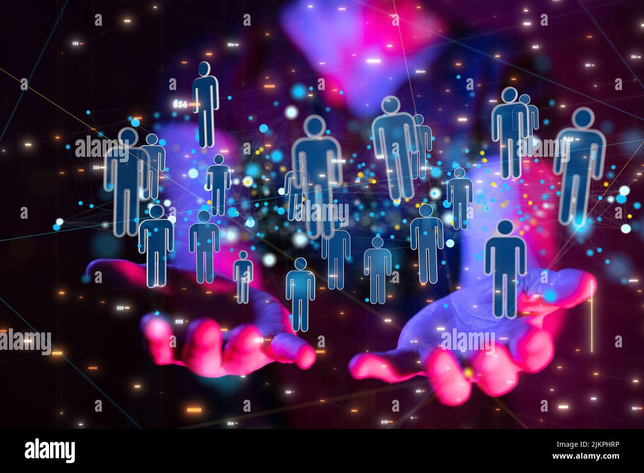 A closeup of hands holding 3D rendered connected human icons for ...