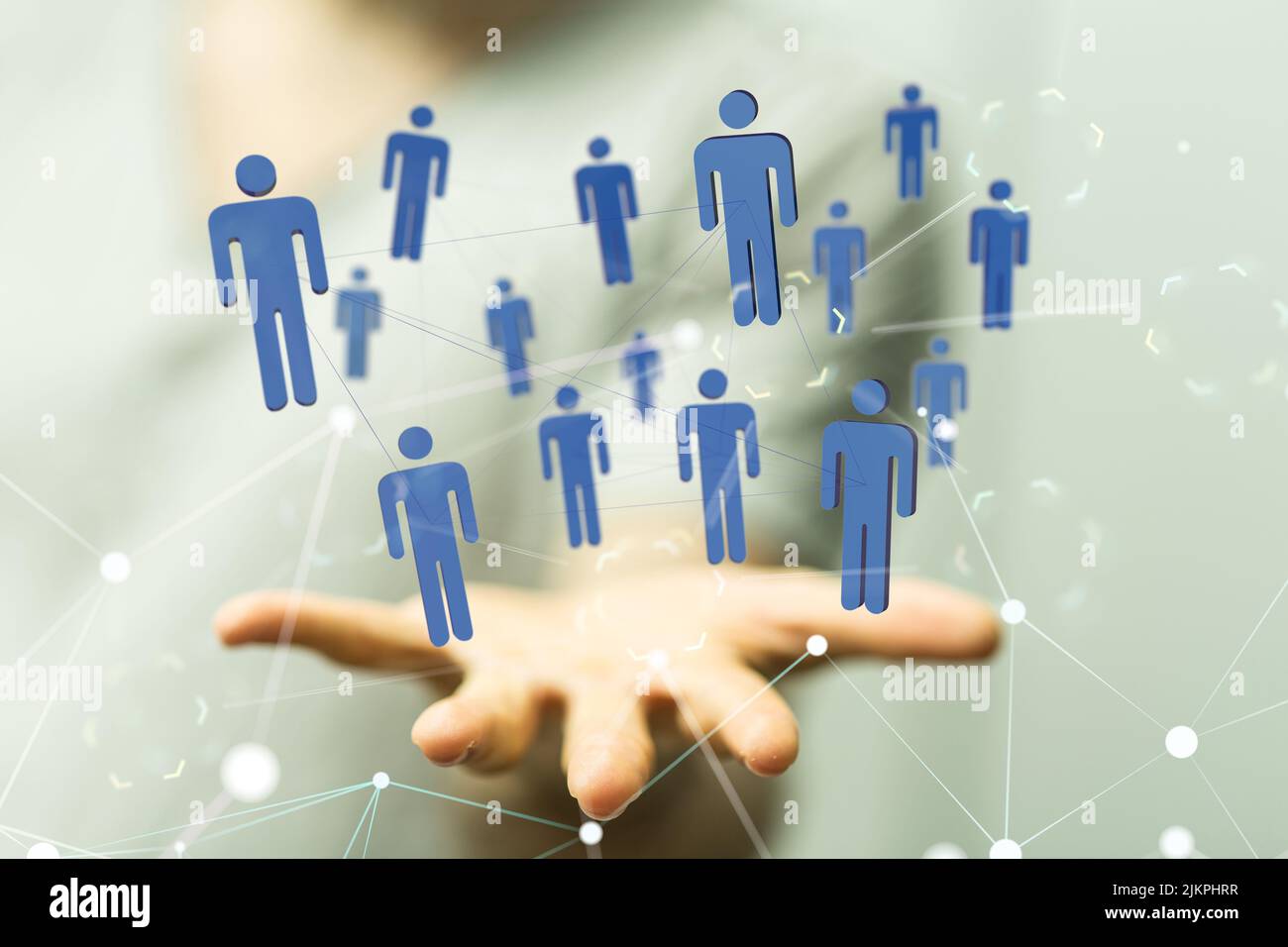 A 3D illustration of blue human figures connected with white lines ...