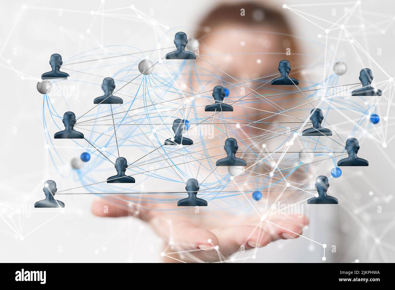 A 3D rendering of grey human figures floating above a women's hand ...