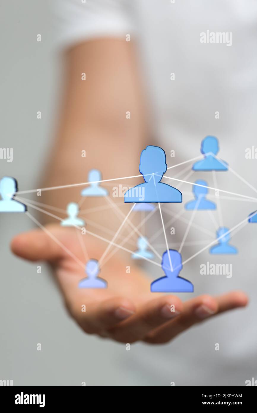 A vertical 3d rendering of human figures in blue connected with neural ...