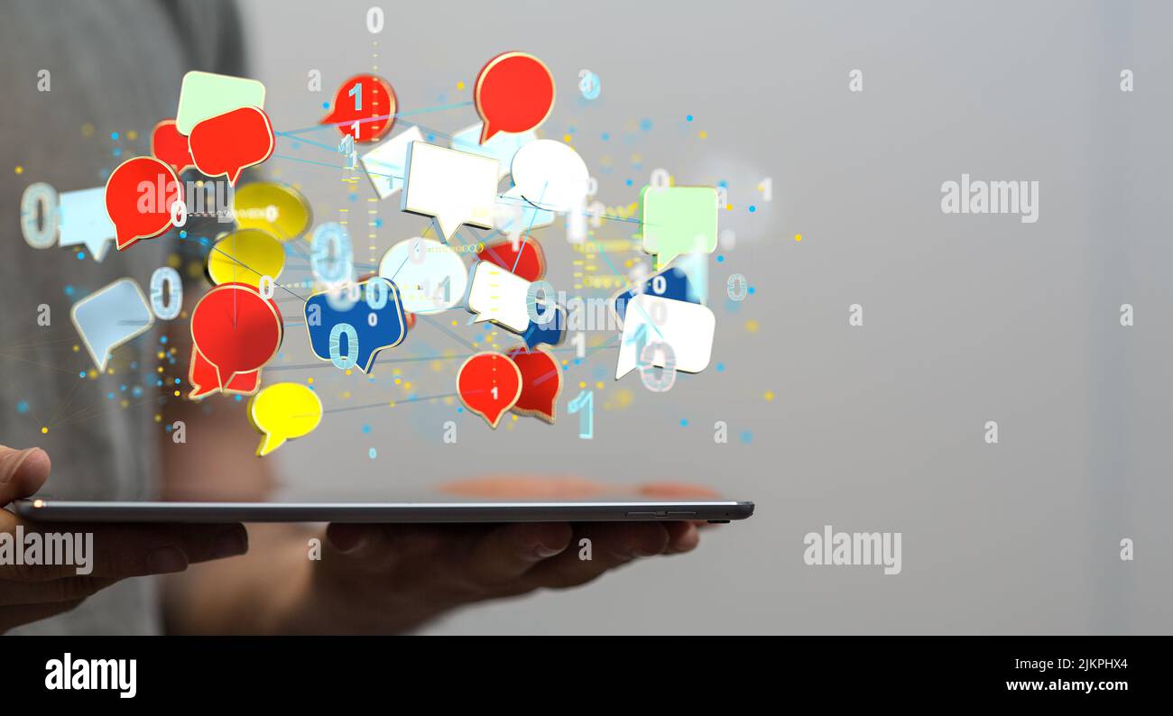 A 3d rendering of flying email and messaging icons floating above a ...