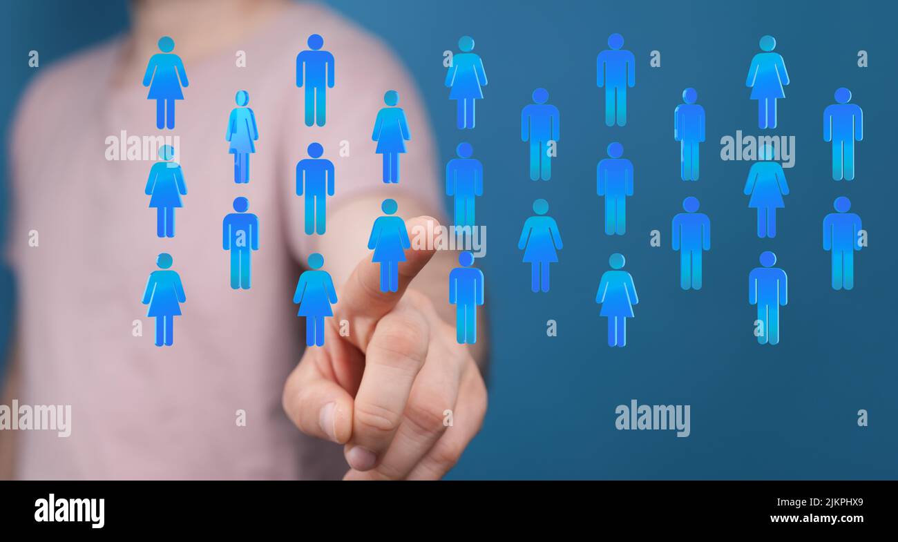A 3d rendering of blue human figures network and a finger pointing ...