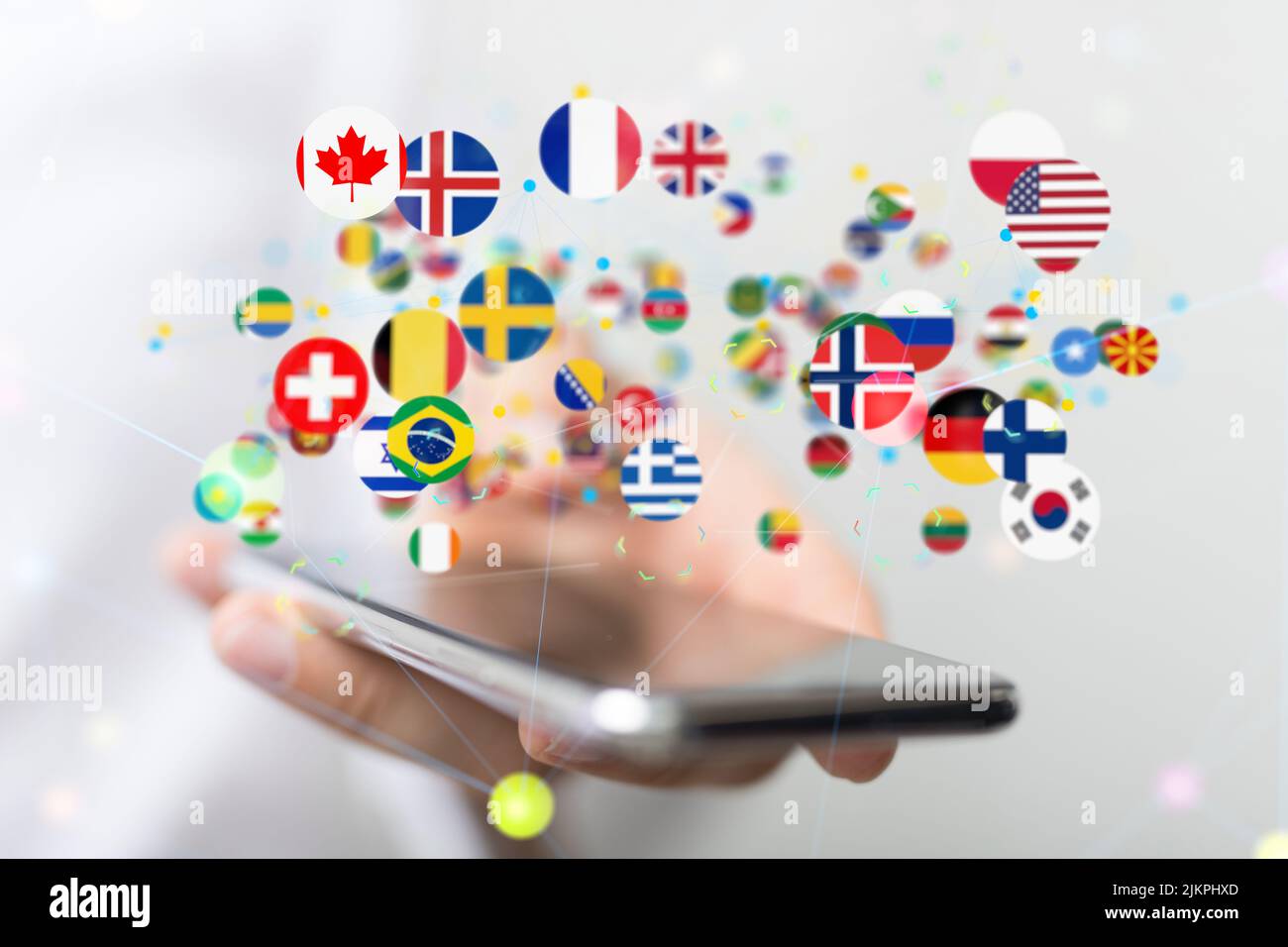 A 3d rendering of international flags and neural connections floating ...