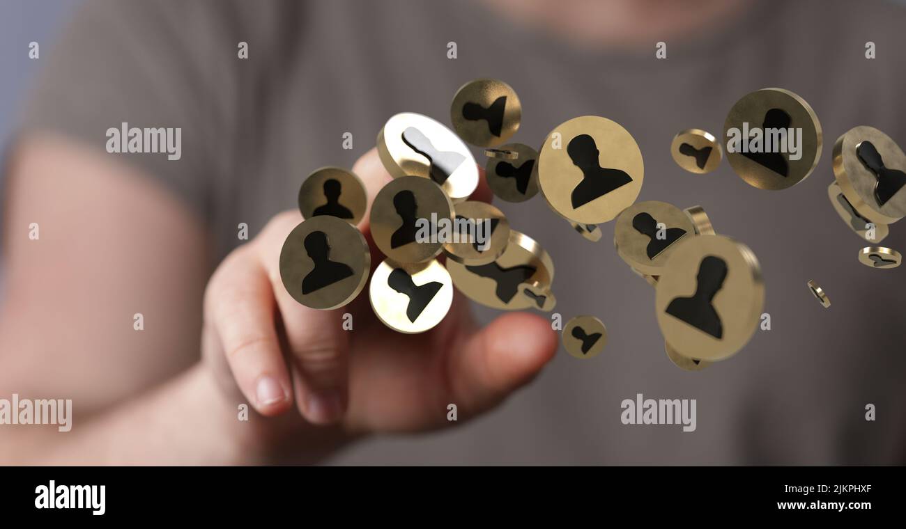 A 3D rendering of human figures in golden circles floating in front of ...