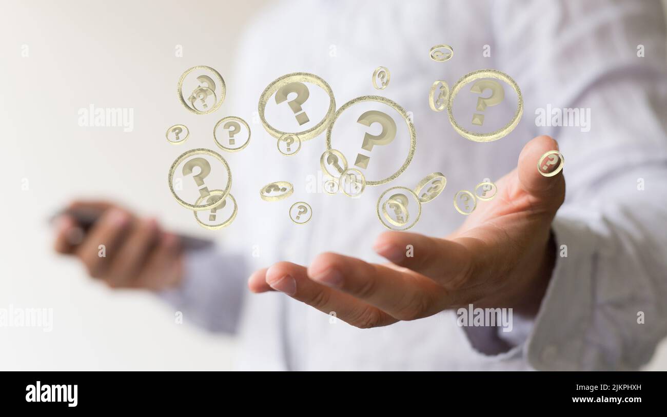 A 3d rendering of a problem-solving concept with digital question marks floating between hands ...