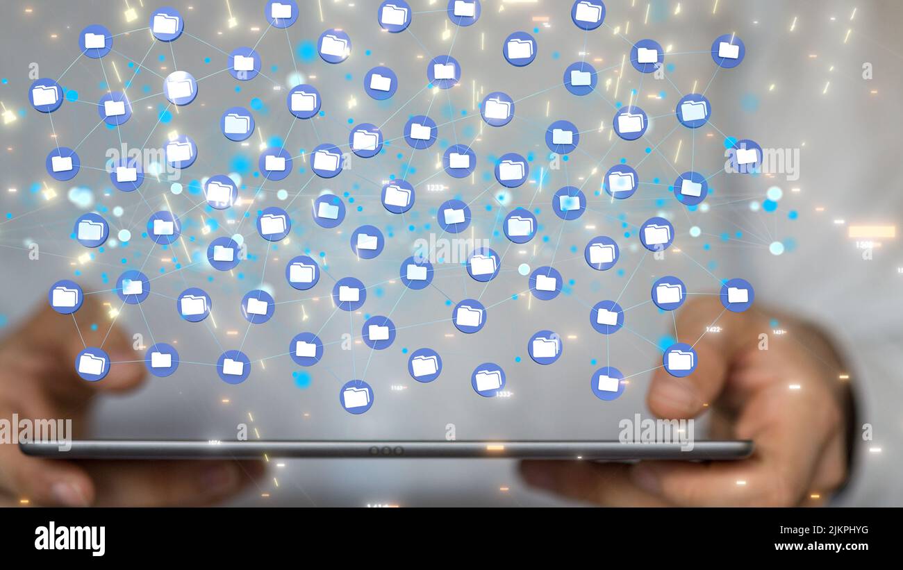 A 3d rendering of digital files floating above a tablet connected with ...