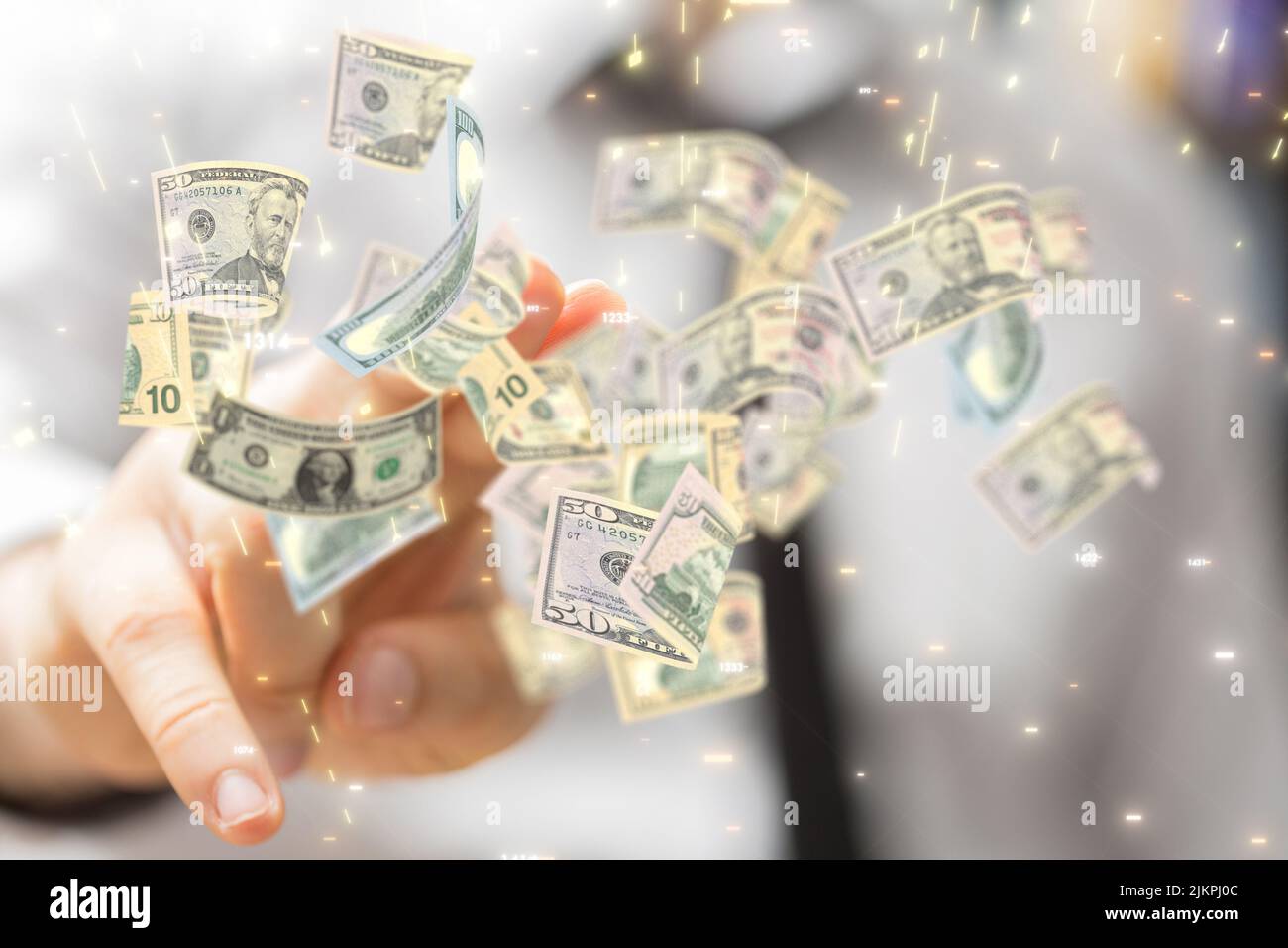 A 3D rendering of paper dollar banknotes floating in the air and a ...