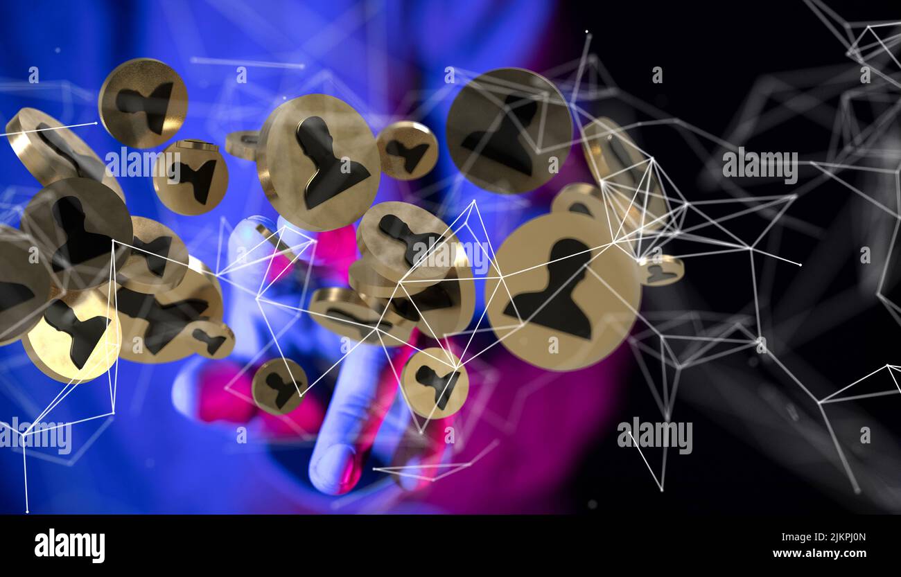 A 3D illustration of human figures in golden circles floating in the ...