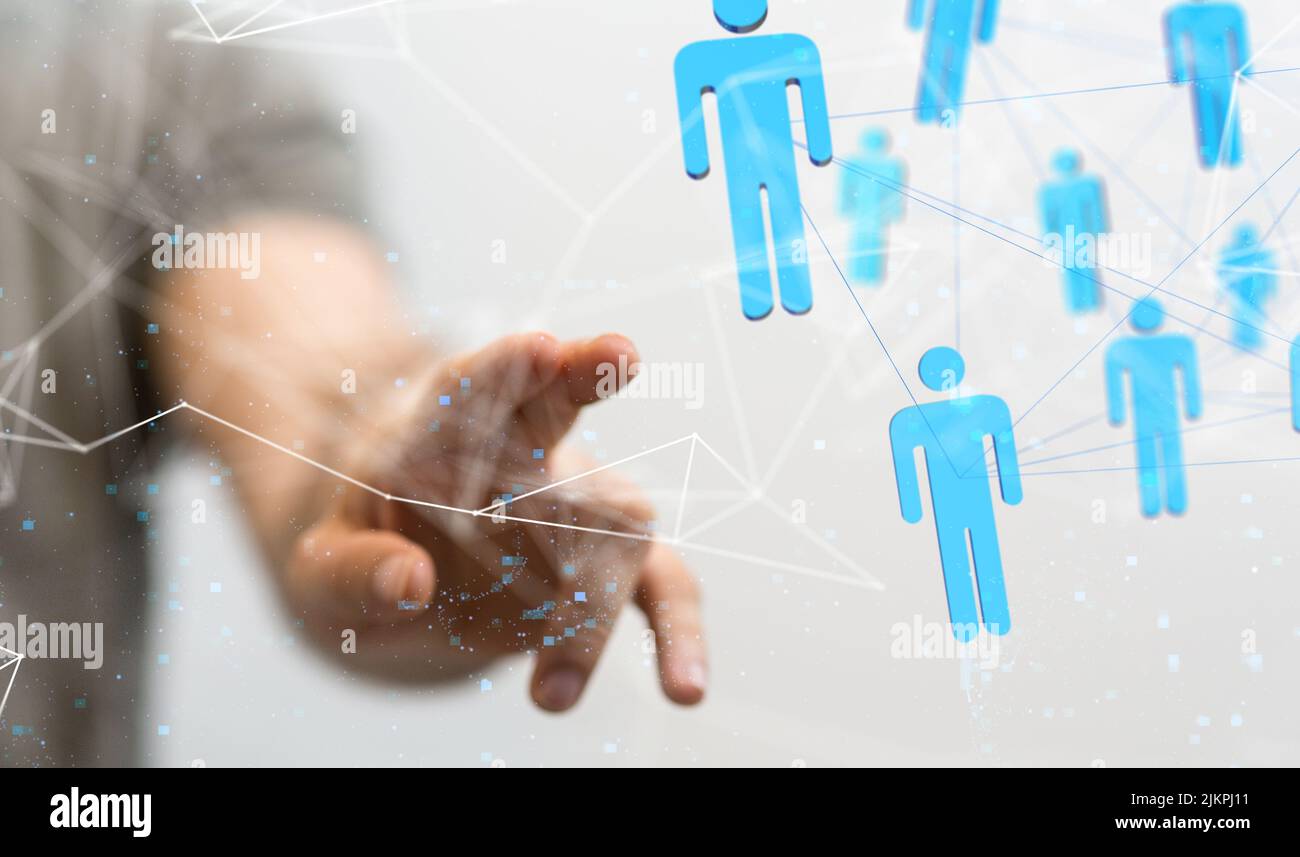A 3d rendering of blue human figures connected with lines and a hand ...