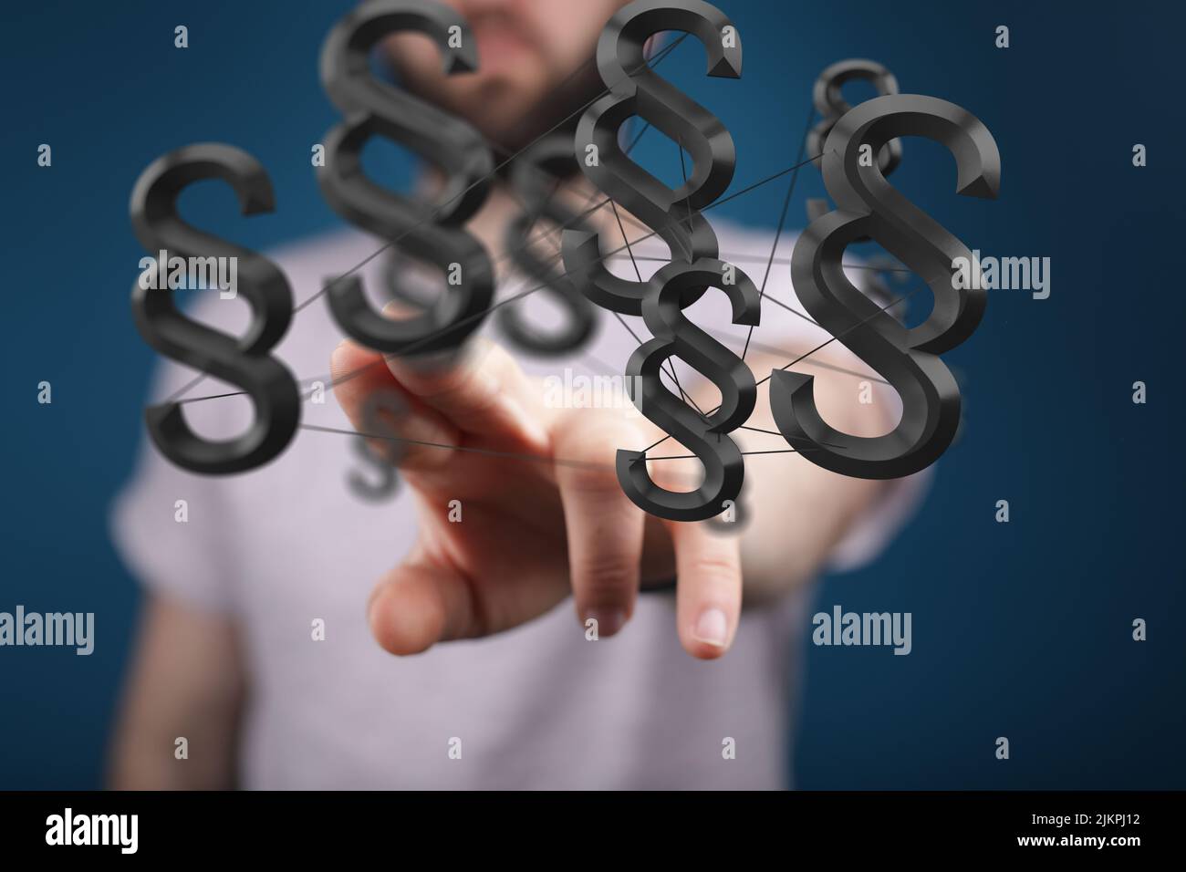 A 3D rendering of black justice symbols floating in the air and fingers pointing to it Stock ...