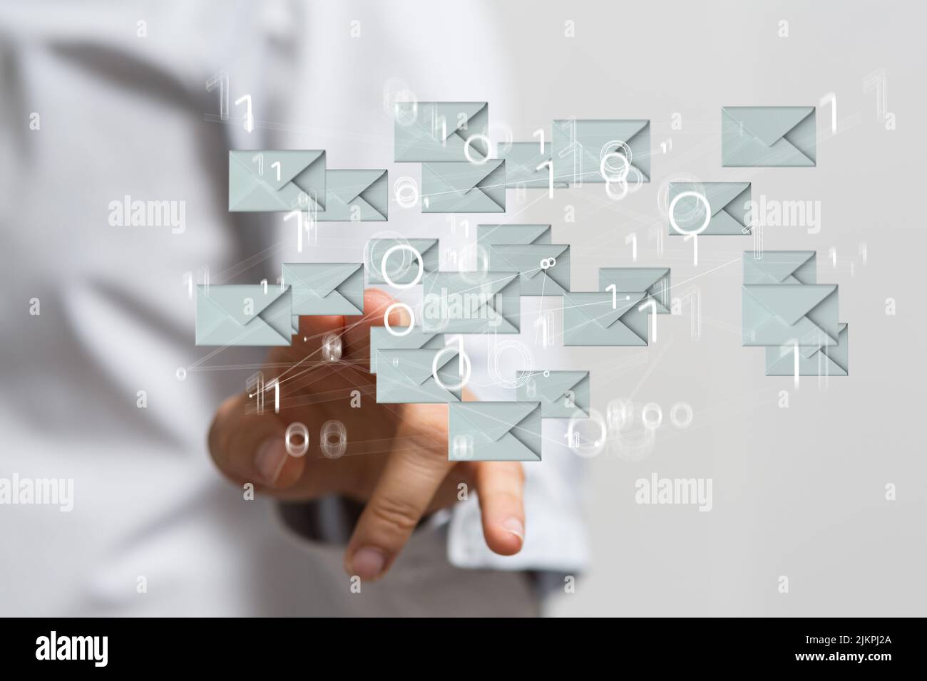 A 3d illustration of flying email and messaging icons and a hand ...