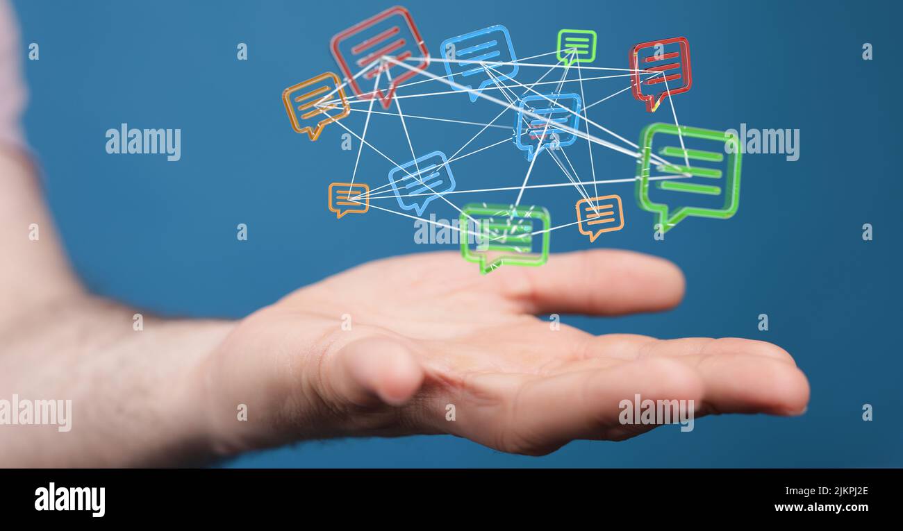 A 3d rendering of flying email and web icons floating above a hand ...