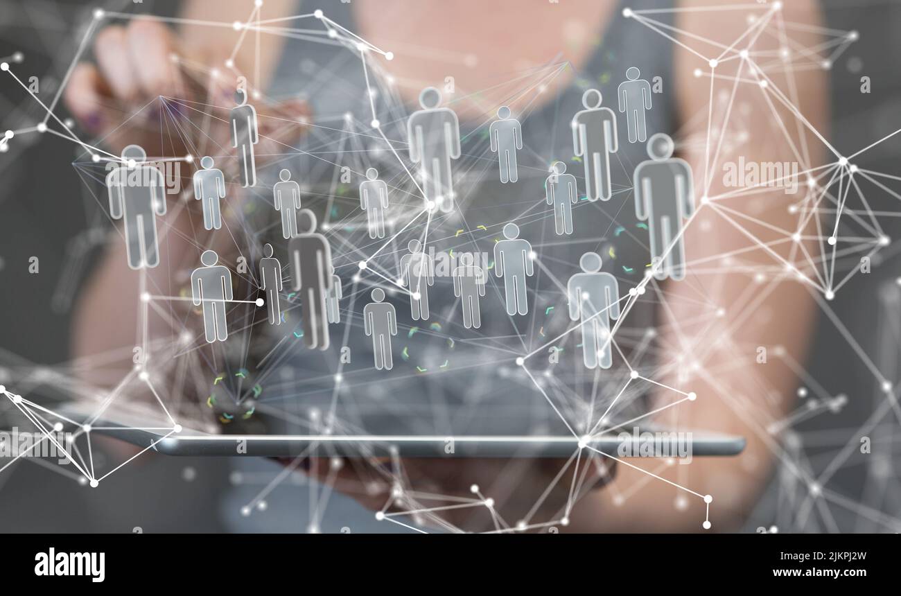 A 3d rendering of human figures connected with neural networks floating ...