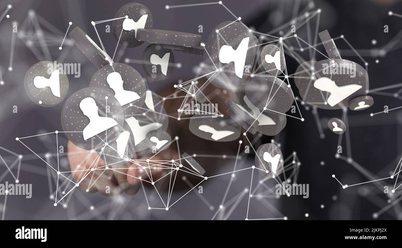 A 3D rendering of grey and white human figures floating in the air ...