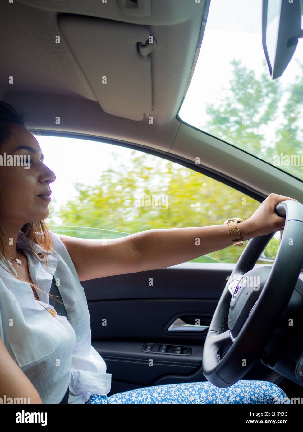 Beautiful business lady driving her car a cloudy day in summertime ...
