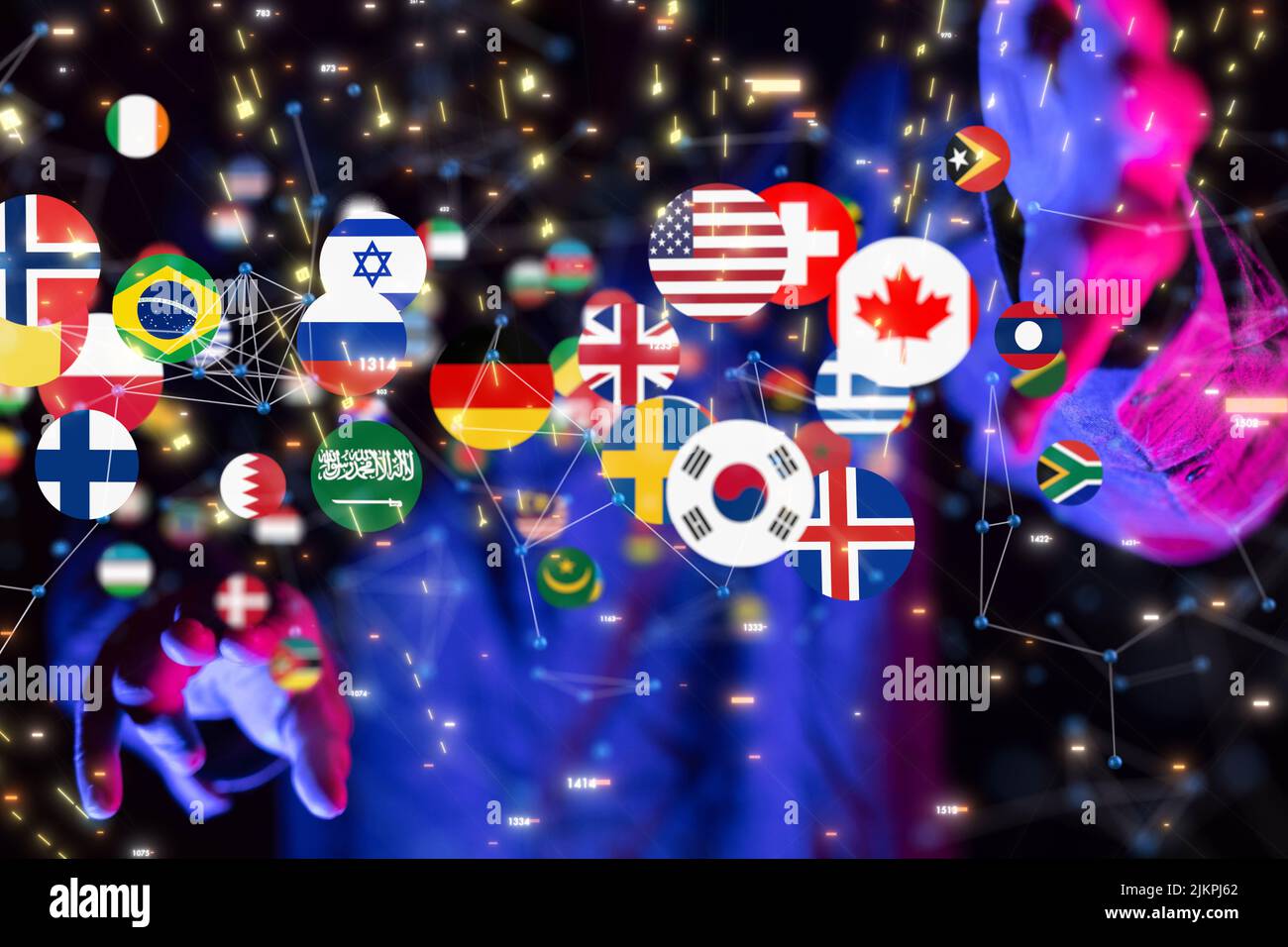 A 3D rendering of the world's national flags on a blurry background ...
