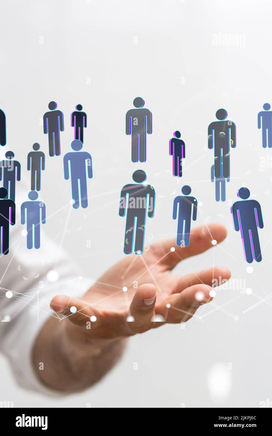 A 3D rendering of a group of floating people icons on a businessman's ...
