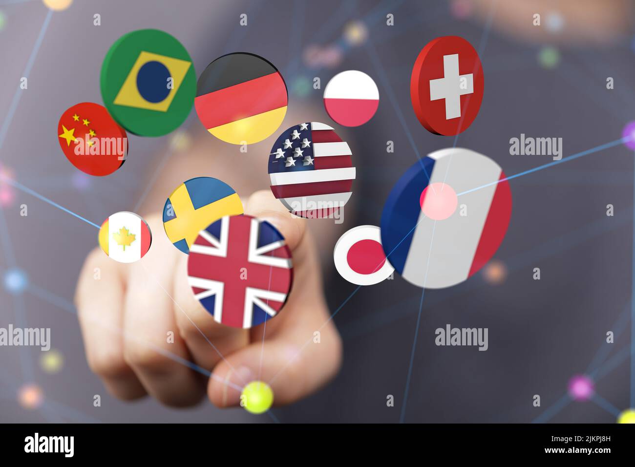 A 3D rendering of the world's national flags on a blurry background ...