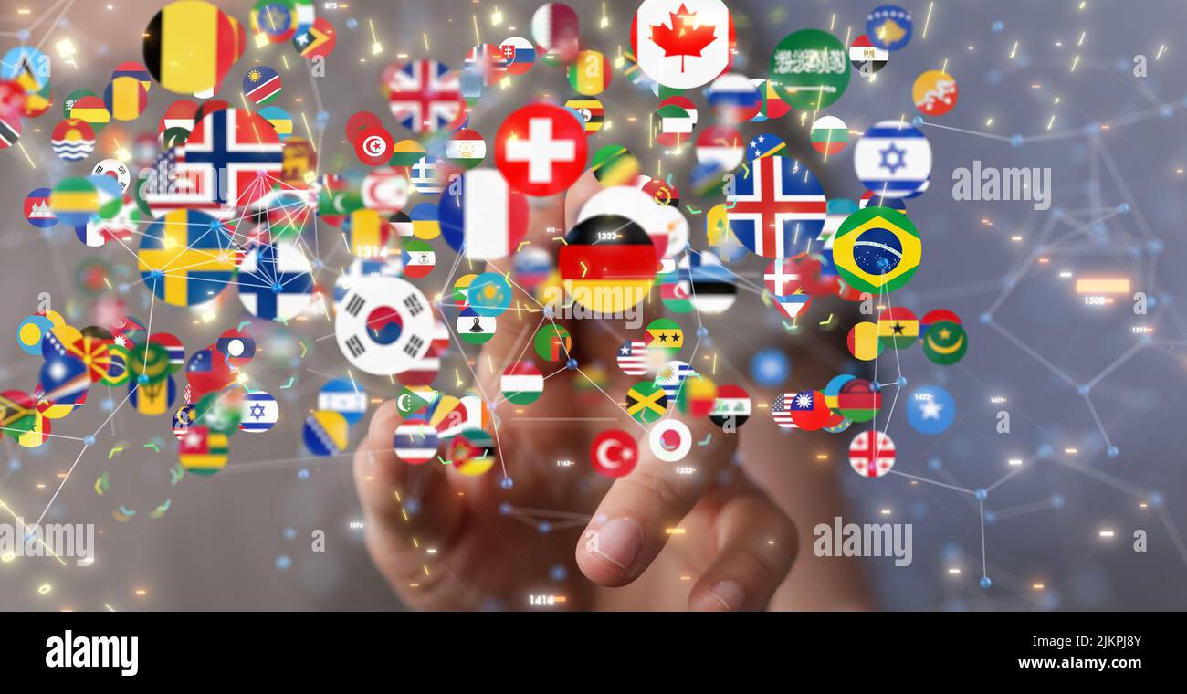 A 3D rendering of the world's national flags on a blurry background ...