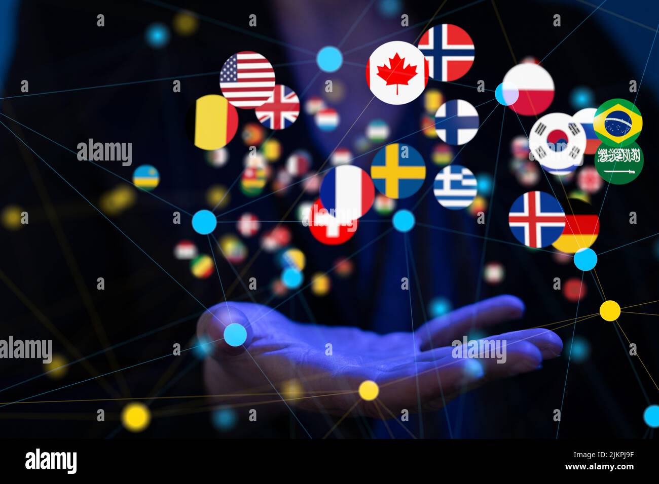 A 3D rendering of the world's national flags on a blurry background ...