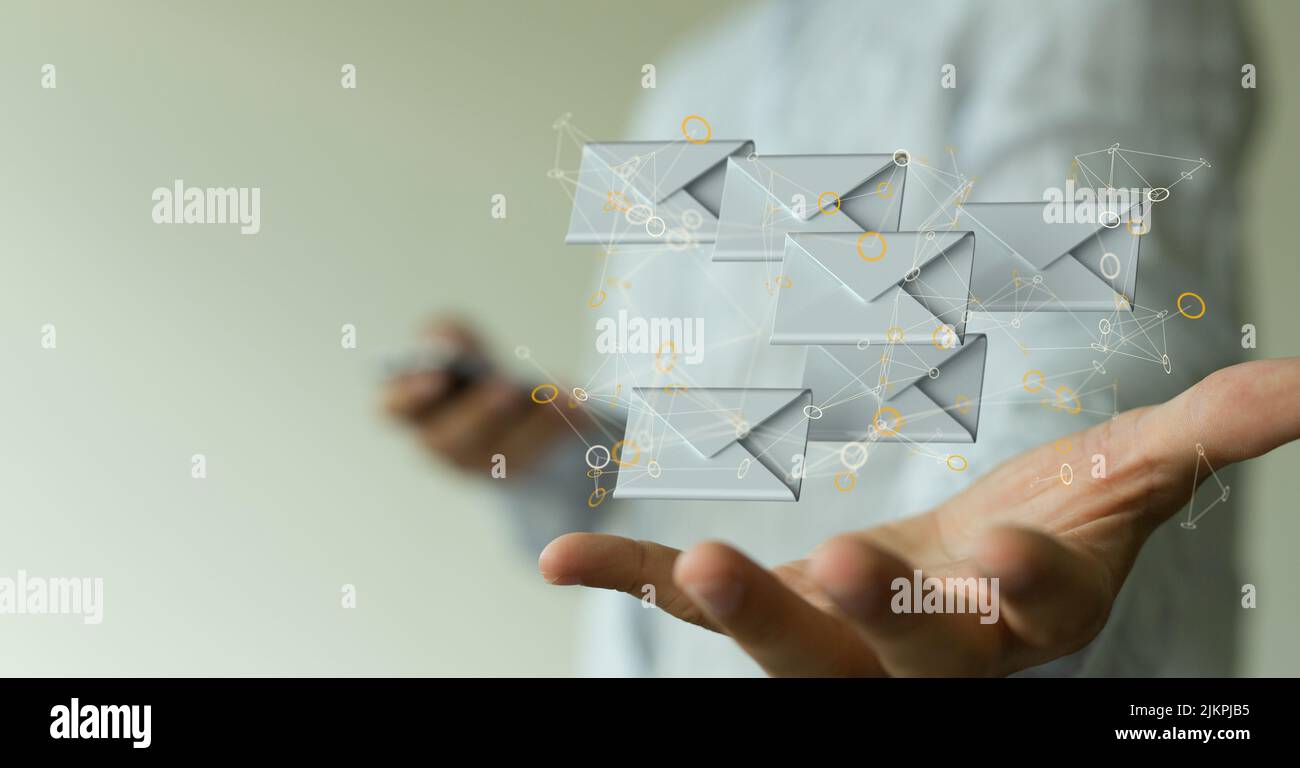 A 3D render of an email symbol and Network Communications with male ...