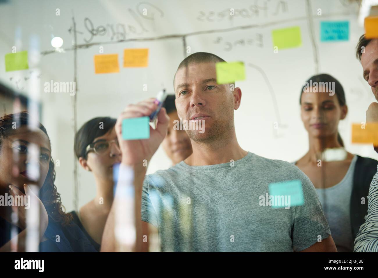 Serious, smart and creative design team brainstorming a strategy idea ...