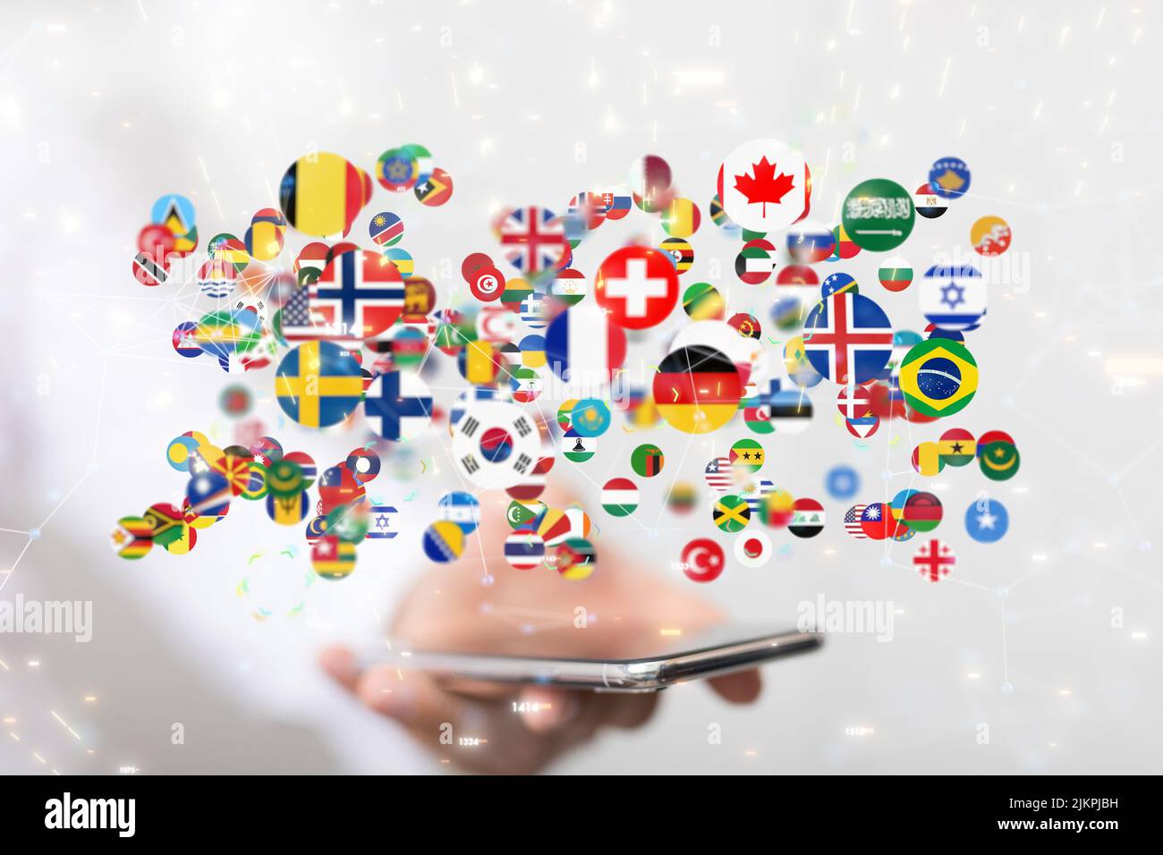 A 3D rendering of the world's national flags on a blurry background ...