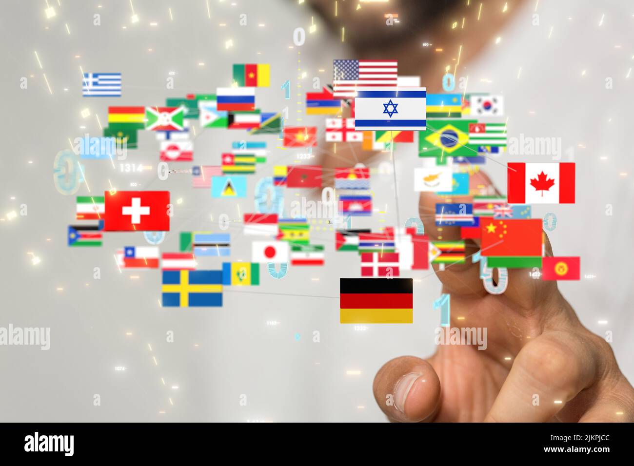 A 3D rendering of the world's national flags on a blurry background ...