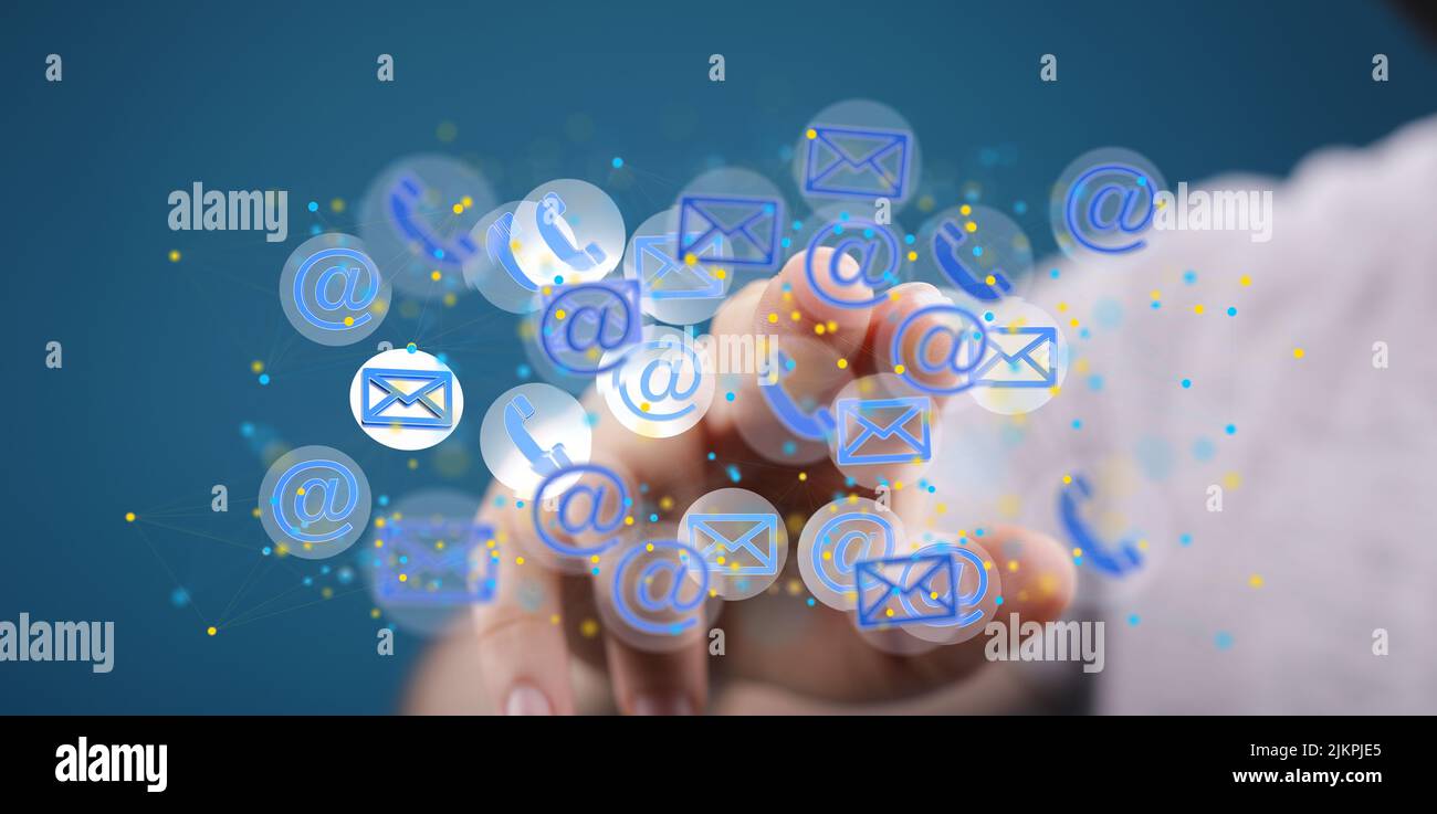 A male hand touching 3D rendering flying email icon with his finger ...