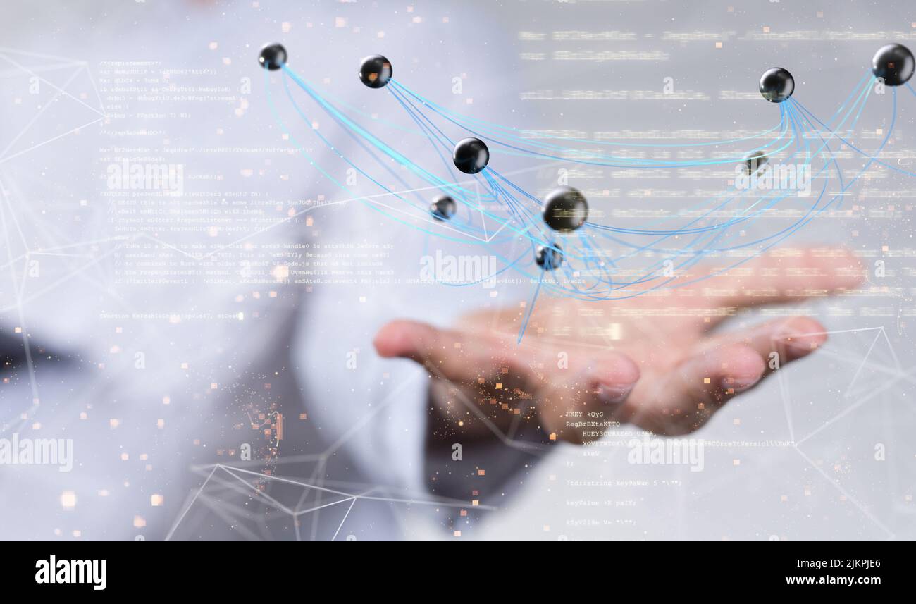 A male touching a digital screen technology background. 3d Network ...