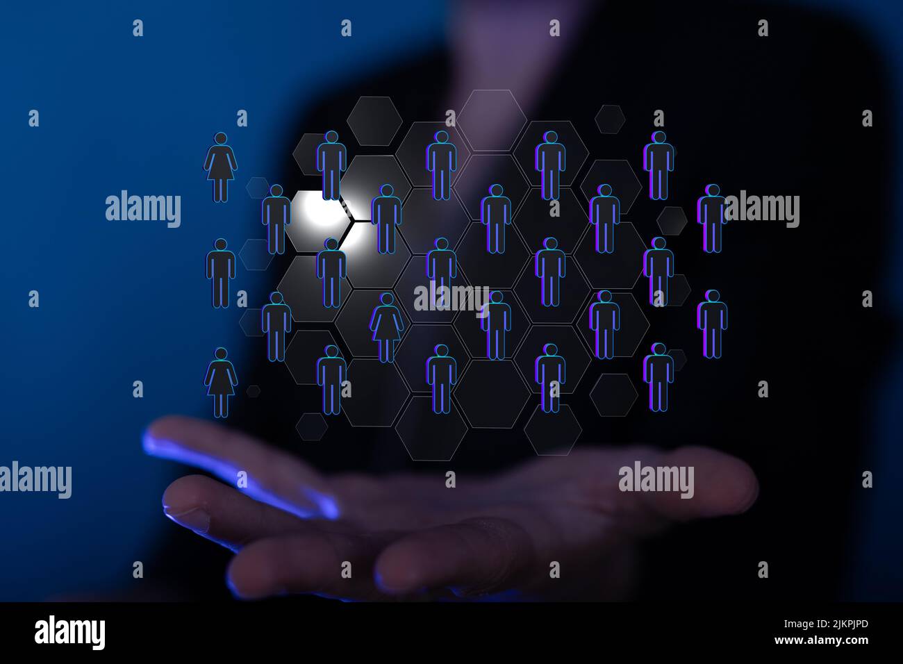A 3D rendering of a group of floating people icons on a businessman's ...