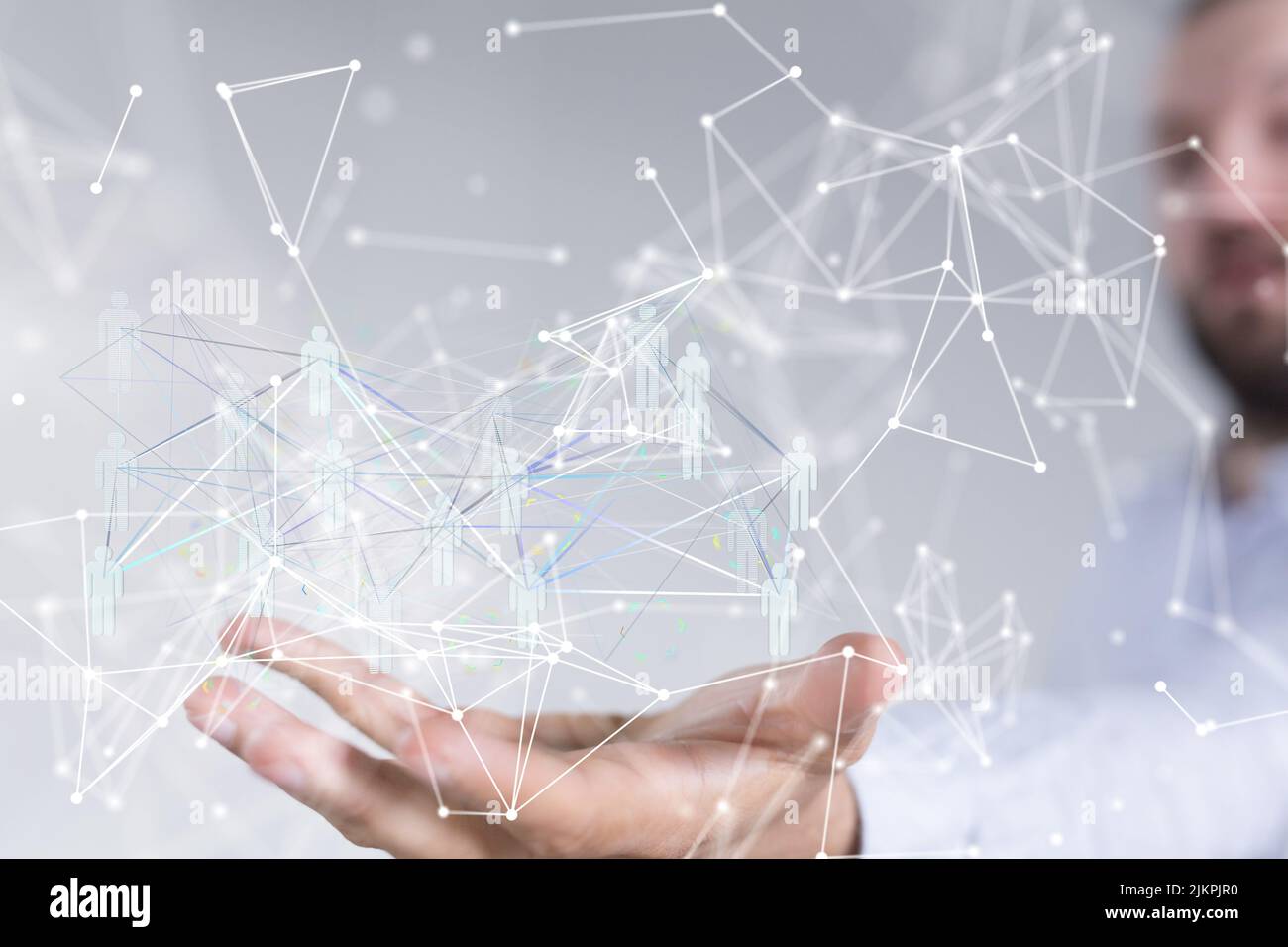A 3D rendering of sphere network structure hovering on a man's hand ...