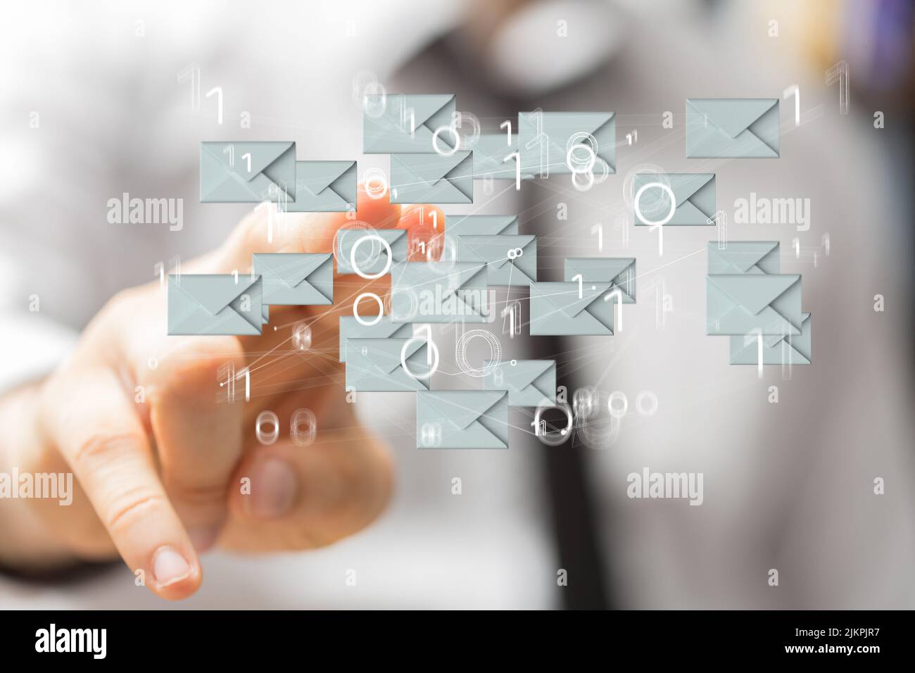 A 3D render of an email symbol and Network Communications with male ...