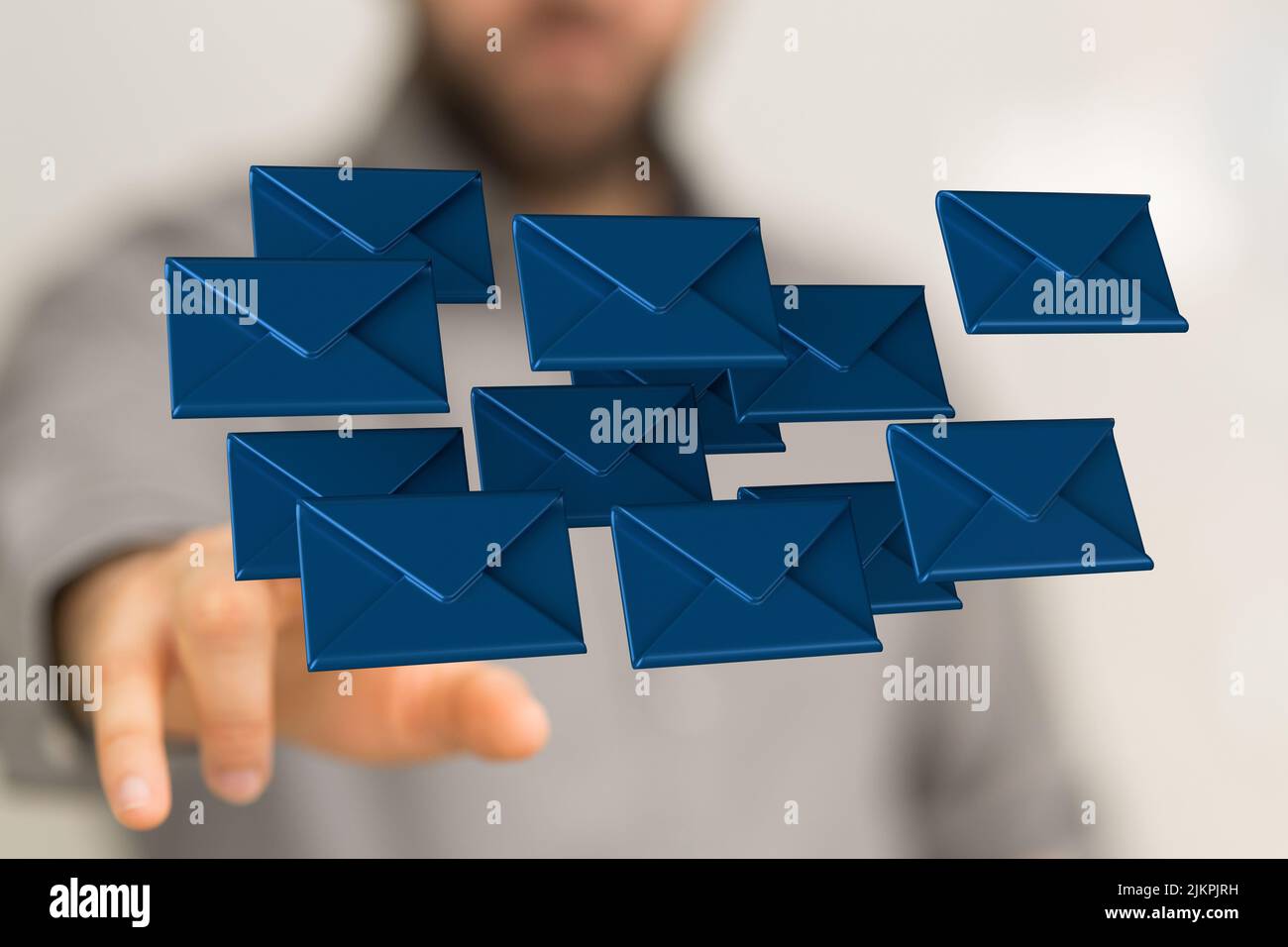 A 3D rendering of a man pointing at floating message icons - Concept of ...
