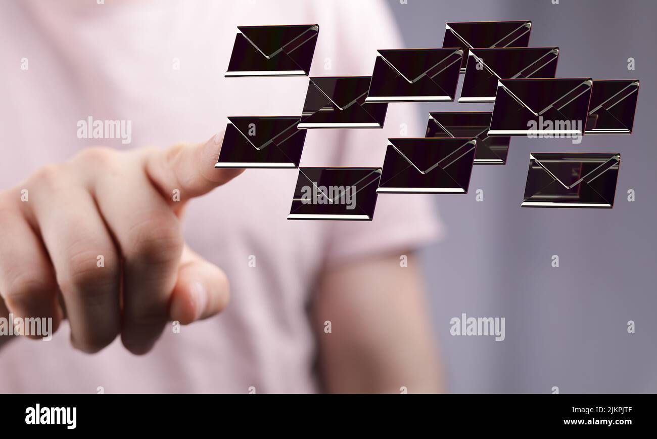 A 3D rendering of a man pointing at floating message icons - Concept of ...
