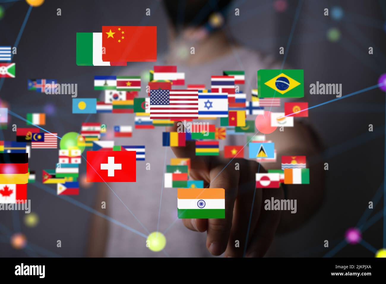 A person presenting the virtual projection of international country ...