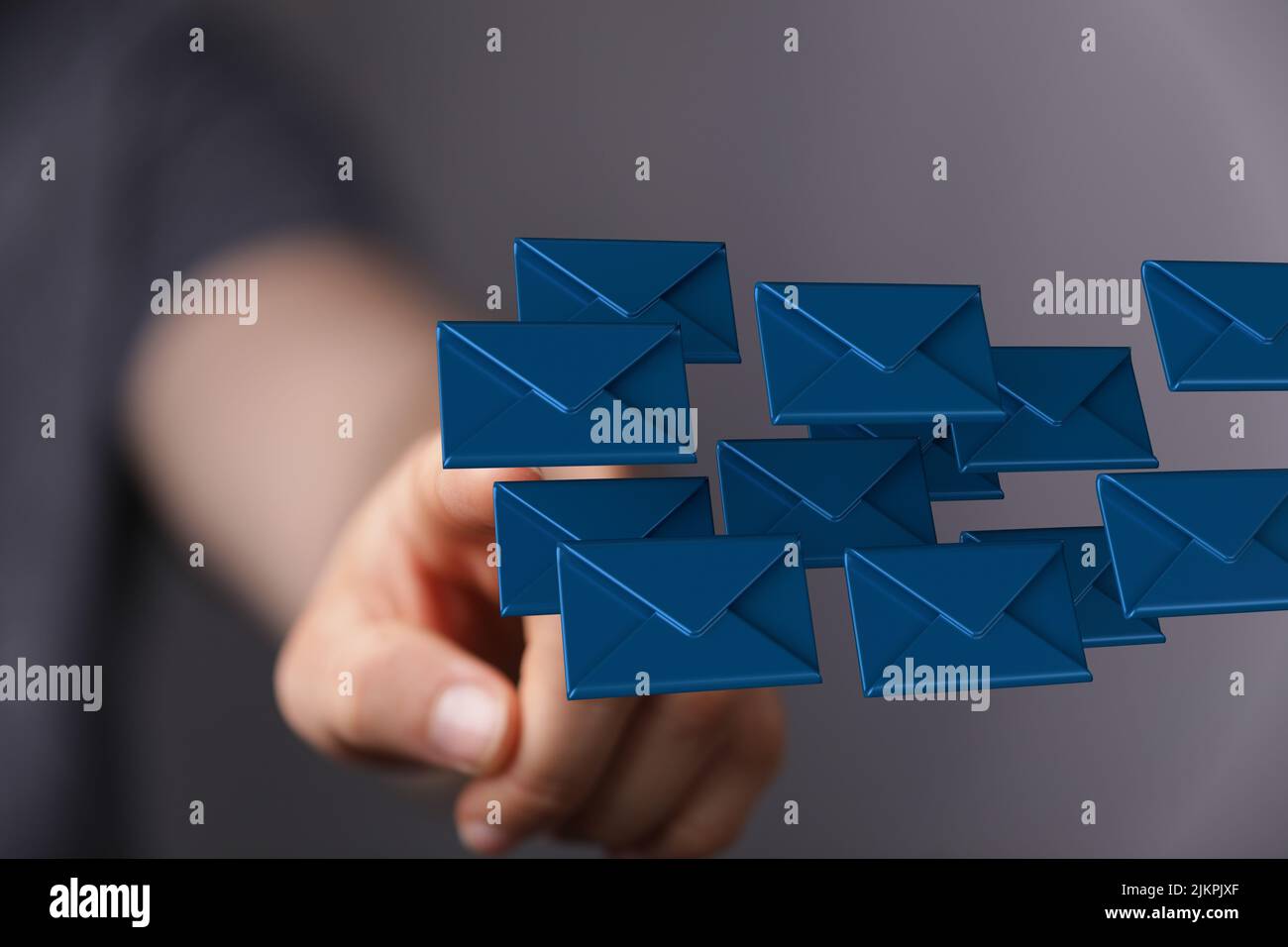 A 3D rendering of a man pointing at floating message icons - Concept of ...