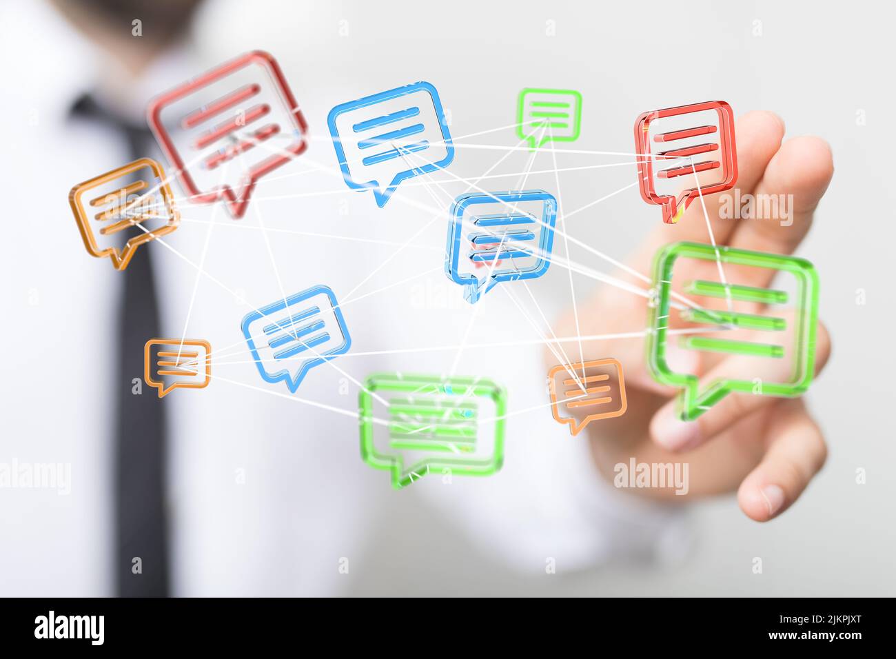 A 3D rendering of a man pointing at floating message icons - Concept of ...