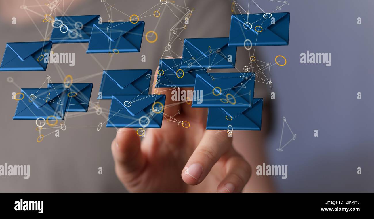 A 3D rendering of a man pointing at floating message icons - Concept of ...