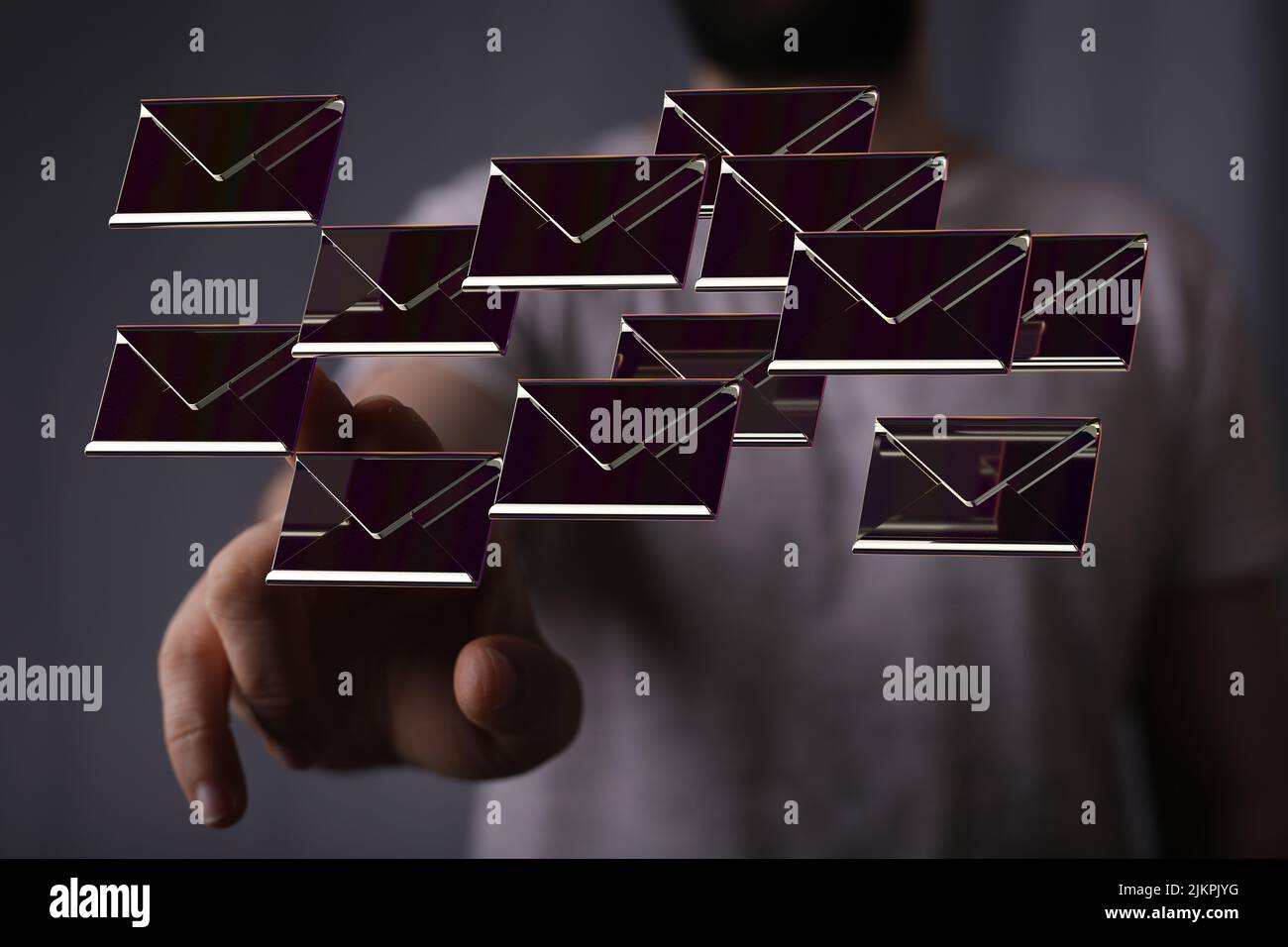 A 3D rendering of a man pointing at floating message icons - Concept of ...