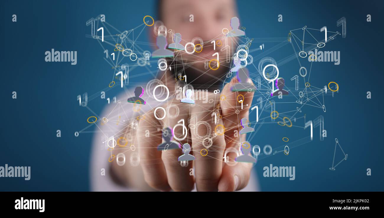 A 3D rendering of a businessman pointing at a group of people icons ...