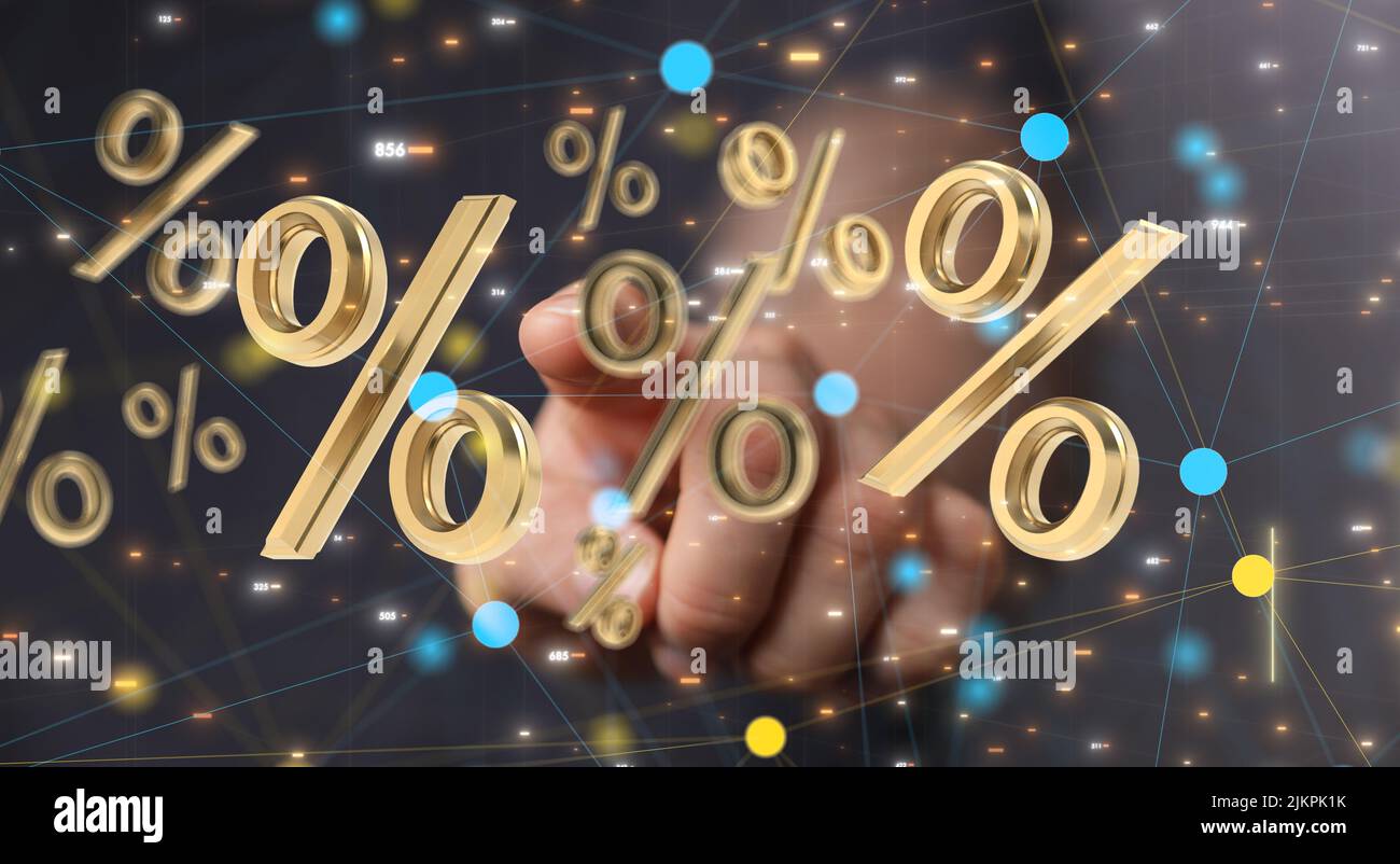 A person presenting the virtual projection of percent signs - sale or ...