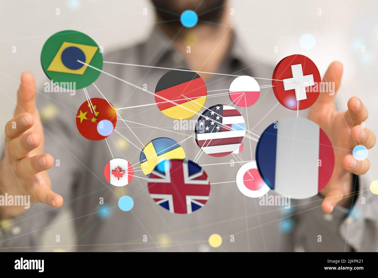 A person presenting the virtual projection of international country ...