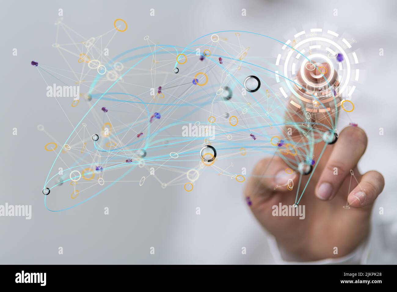 A 3D rendering of a man pointing at hovering sphere network structures ...
